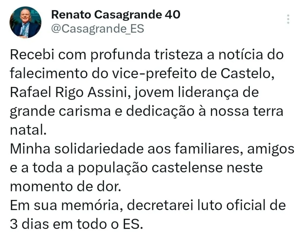Vice-prefeito de Castelo, Rafael Rigo Assini, morre aos 37 anos - ES HOJE